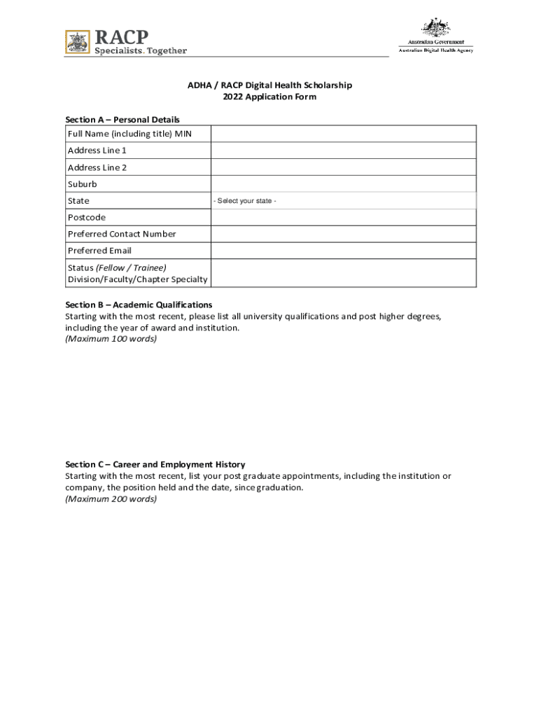 Fillable Online ADHA / RACP Digital Health Scholarship Expressions of ...