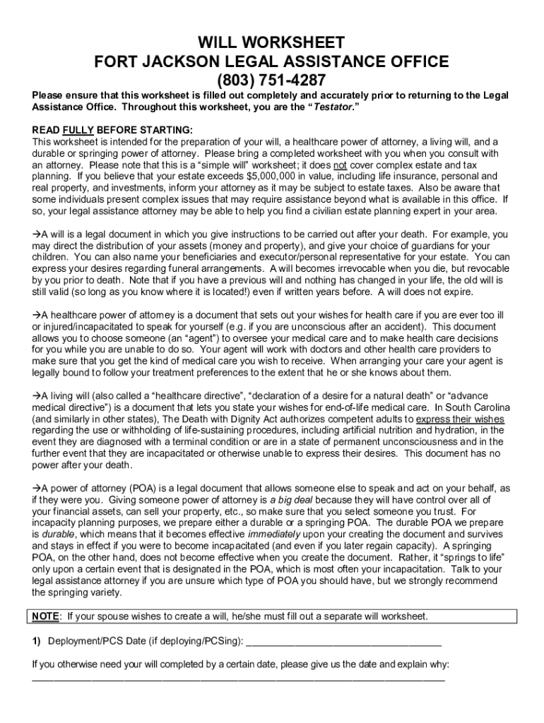 Fillable Online WILL WORKSHEET FORT JACKSON LEGAL ASSISTANCE OFFICE ...