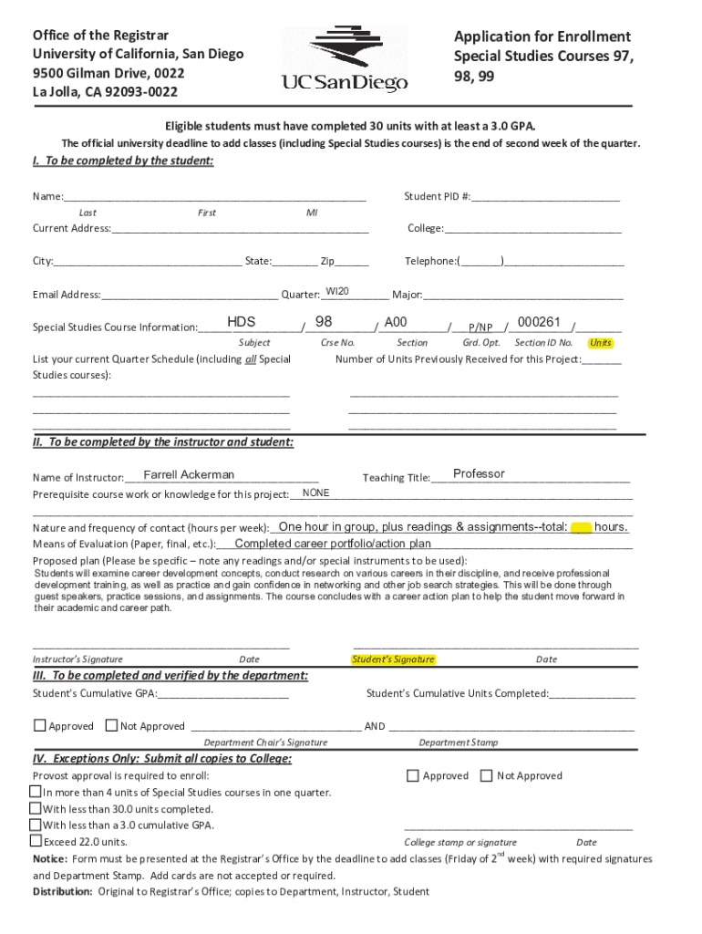 Fillable Online How to Request Enrollment in Special Studies Classes ... Fax Email Print - pdfFiller