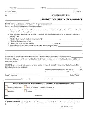 Fillable Online AFFIDAVIT OF SURETY TO SURRENDER - Jefferson County Fax ...