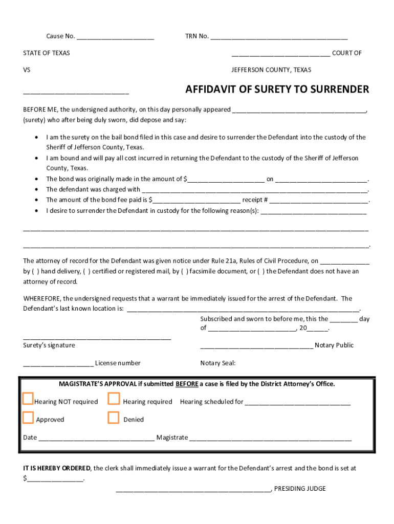 Fillable Online AFFIDAVIT OF SURETY TO SURRENDER - Jefferson County Fax Email Print - pdfFiller