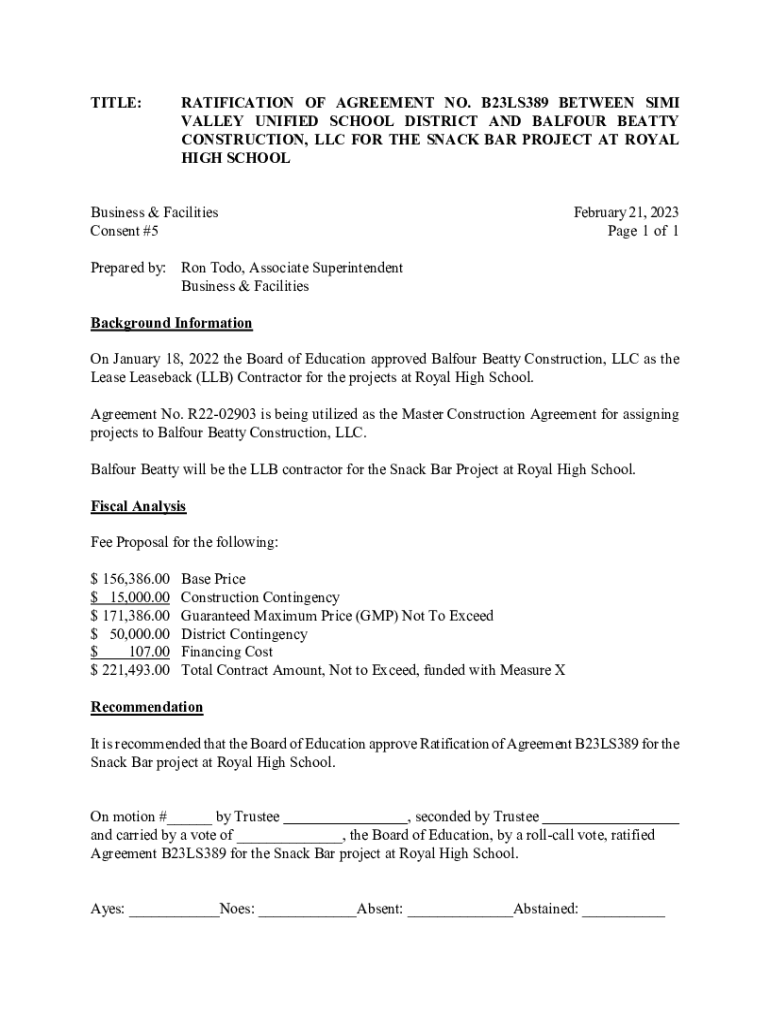 Fillable Online RATIFICATION OF AGREEMENT NO. B23LS389 BETWEEN SIMI ...