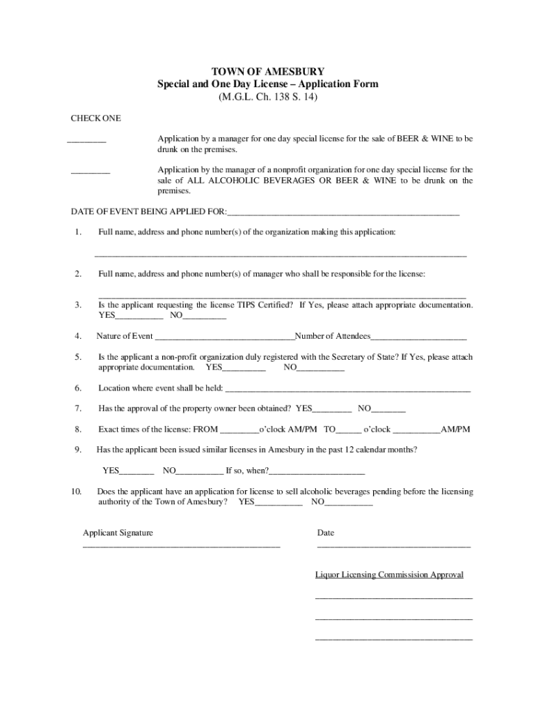 Fillable Online APPLICATION FOR ONE-DAY LIQUOR LICENSE MGL Ch. ... Fax ...