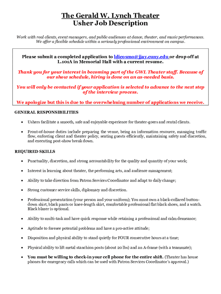 Fillable Online Johanna Tejada - Usher - The Gerald W. Lynch Theater ...