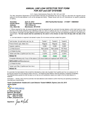 Fillable Online ANNUAL LINE LEAK DETECTOR TEST FORM FOR AST ... Fax ...
