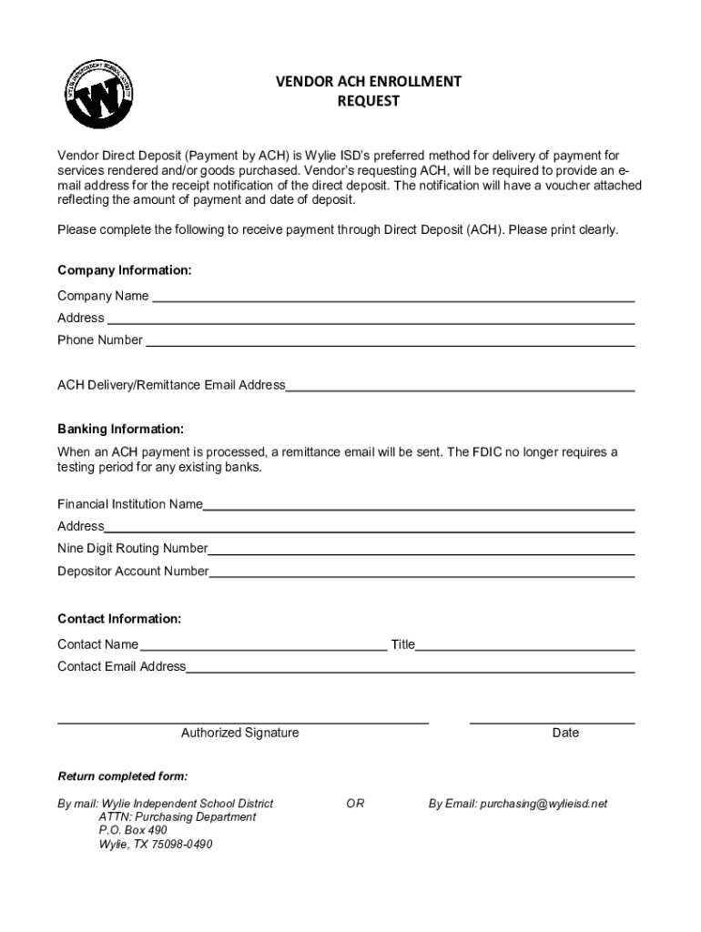 Fillable Online Wylie ISD Vendor ACH Enrollment Request Form Fax Email ...