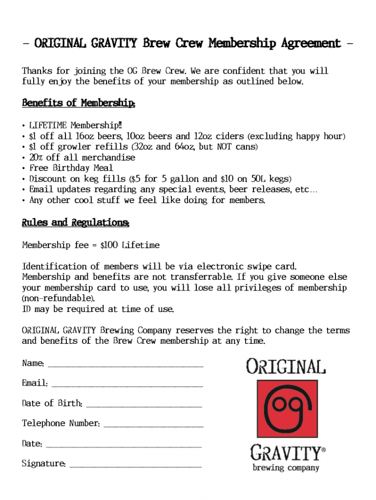 Fillable Online ORIGINAL GRAVITY Brew Crew Membership Agreement Fax ...