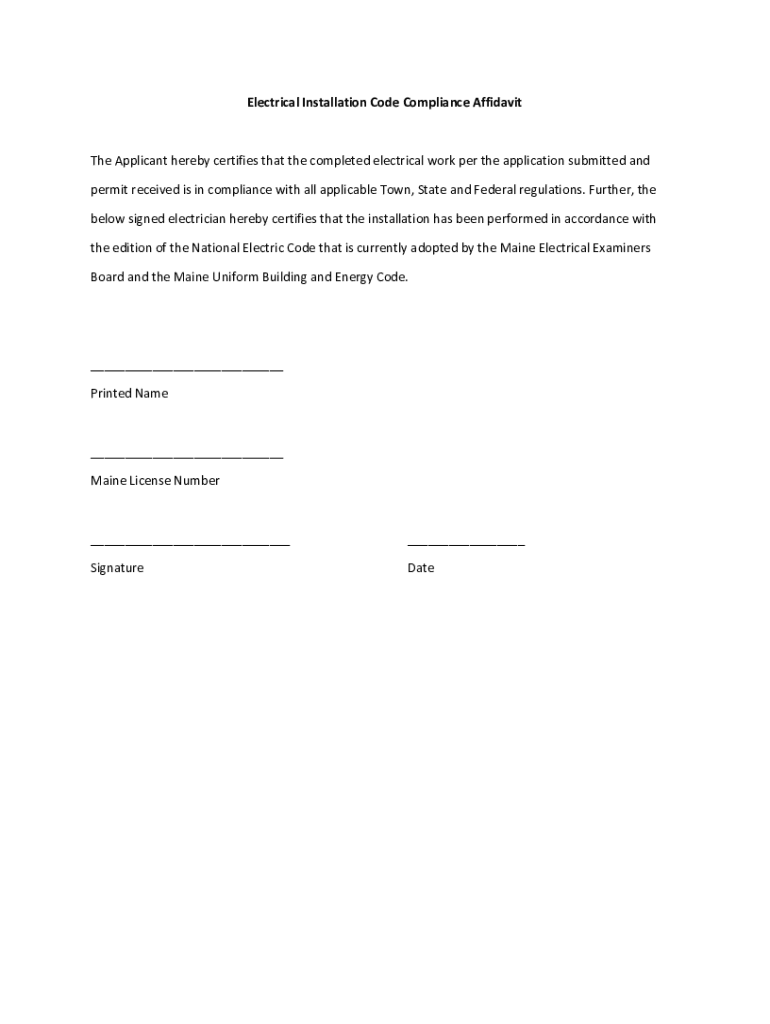 Fillable Online Electrical Installation Code Compliance Affidavit Fax ...