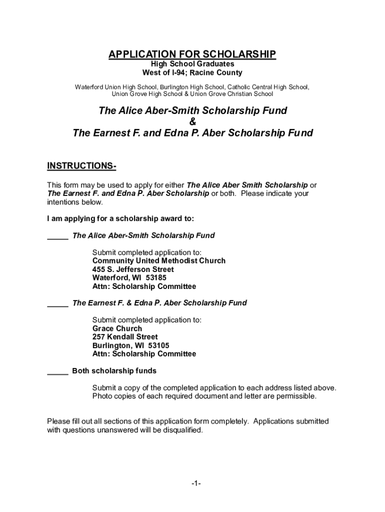 Fillable Online APPLICATION FOR SCHOLARSHIP The Alice Aber-Smith ...