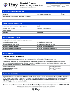 Fillable Online Participant Registration Form Pickleball Program Fax ...