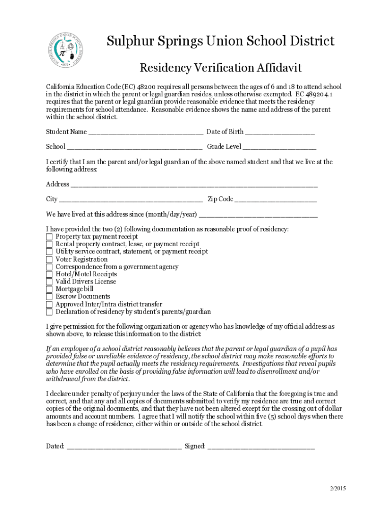 Completable En línea Residency Verification Affidavit Eng/Sp Fax Email ...
