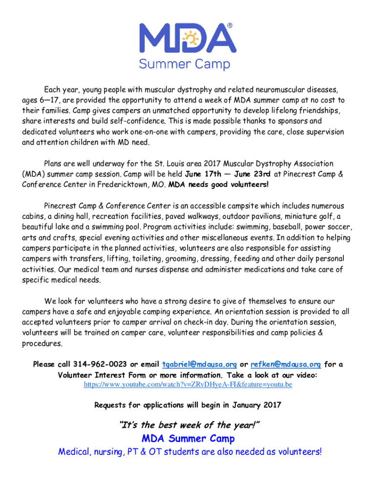 Fillable Online Registration Opens for MDA Summer Camp for Children ...