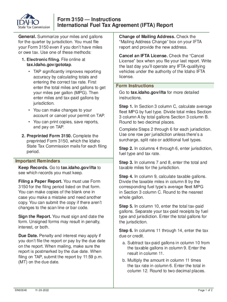 Fillable Online tax idaho Form 3150 Instructions, International Fuel ...