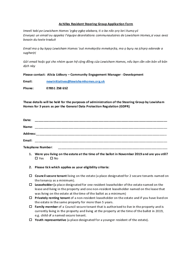 Fillable Online Achilles Resident Steering Group Application Form Fax ...