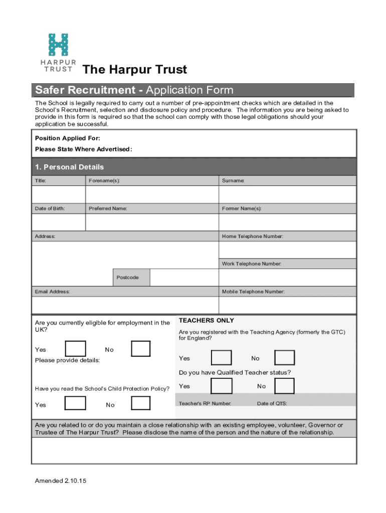 Fillable Online safer recruitment pack: application form v3.4 Jan-10 ...