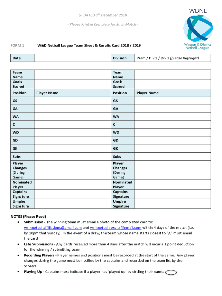 Fillable Online FORM 1 W&D Netball League Team Sheet & Results Fax ...