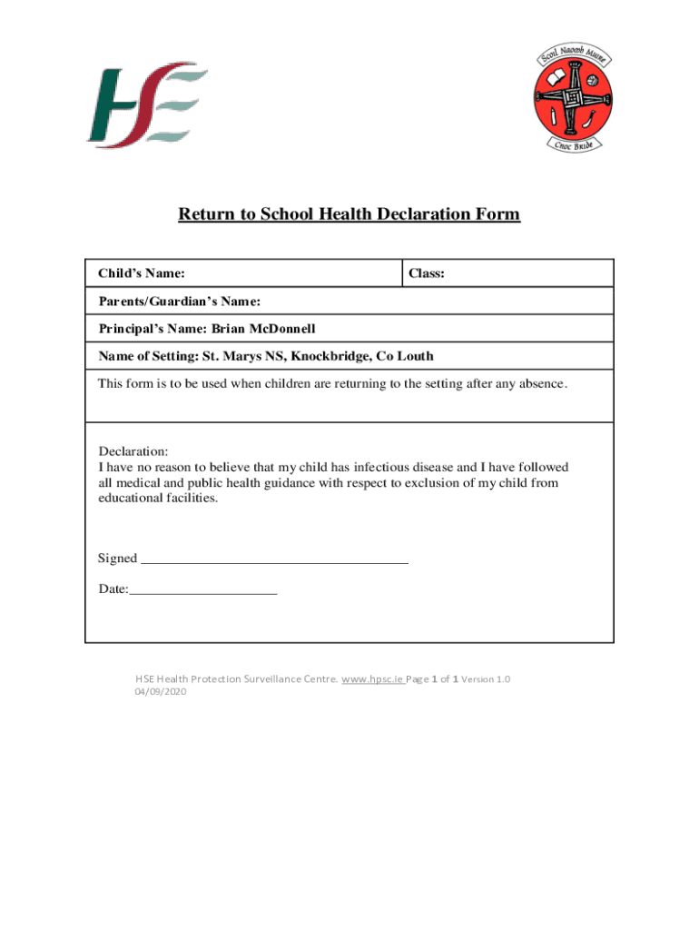 Fillable Online Return to School Health Declaration Form Fax Email ...