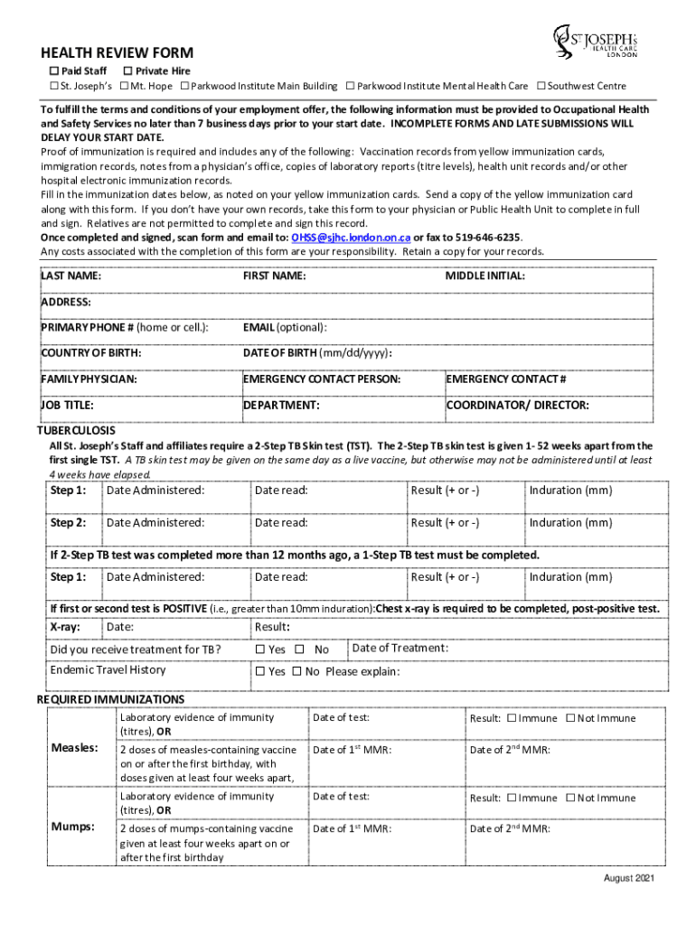 Fillable Online HEALTH REVIEW FORM - St. Joseph's Health Care London ...