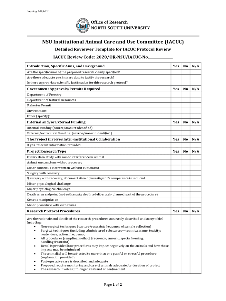 Fillable Online Detailed Reviewer Template for IACUC Protocol Review ...