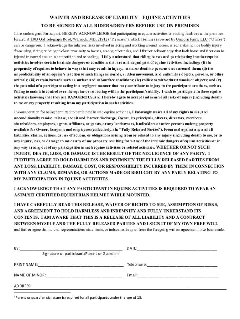 Fillable Online WAIVER AND RELEASE OF LIABILITYEQUINE ACTIVITIES TO ...