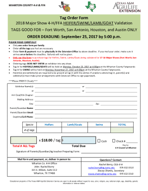 Fillable Online Tag Order Form 2018 Major Show 4-H/FFA HEIFER/ ... Fax ...