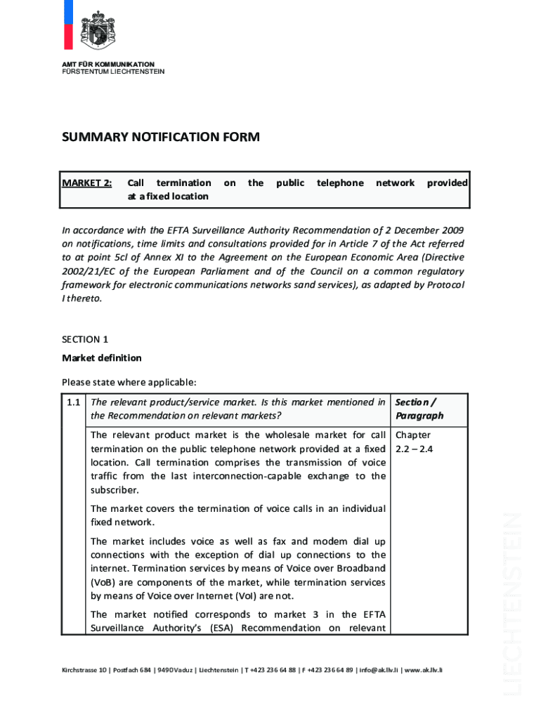 Fillable Online Summary Notification Form Market 2 Call origination on ...