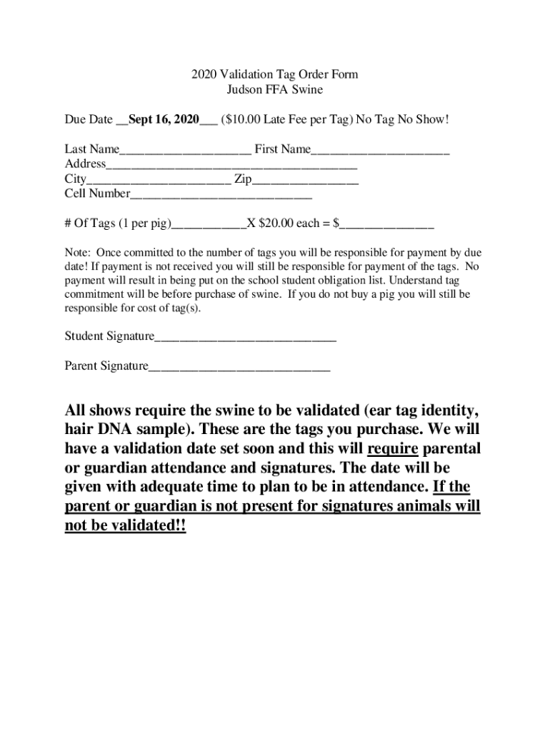 Fillable Online judson ffanow Fall Swine Validation Tag Order Form Fax ...