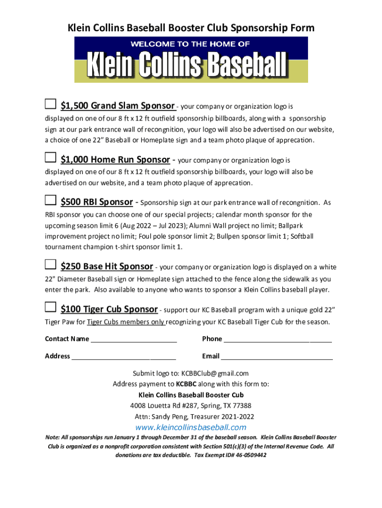 Fillable Online Klein Collins Baseball Booster Club Sponsorship Form ...