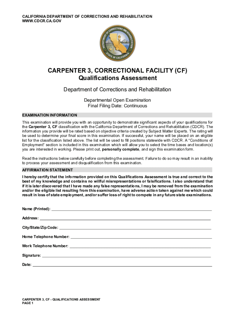 Fillable Online PAINTER 3, CORRECTIONAL FACILITY (CF) - CDCR - CA.gov Fax Email Print - pdfFiller