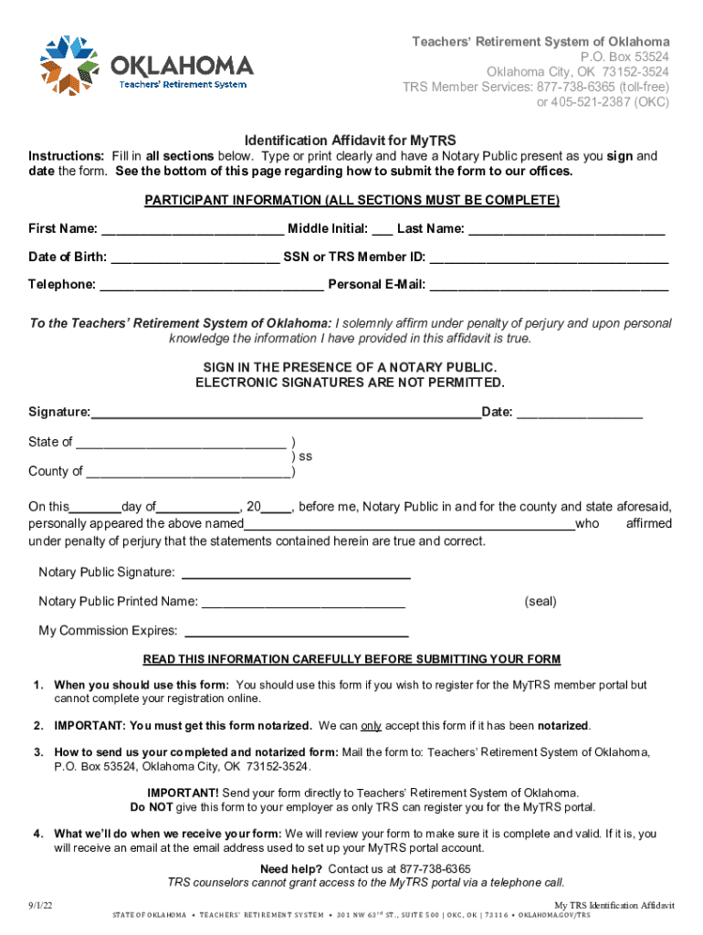 Fillable Online Identification Affidavit for MyTRS Fax Email Print - pdfFiller