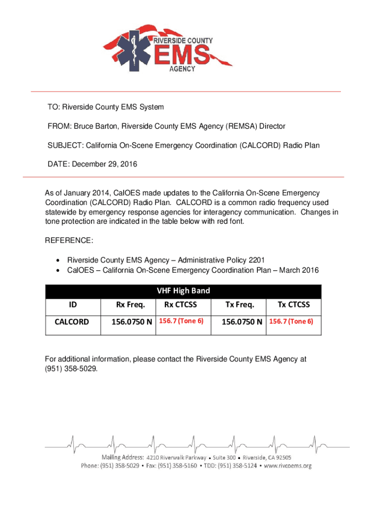 Fillable Online TO: Riverside County EMS System FROM: Bruce Barton ...