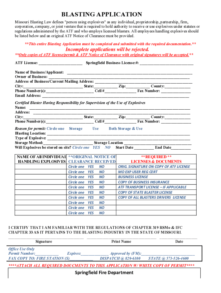 Fillable Online Licenses for BlastersMissouri Department of Public ...