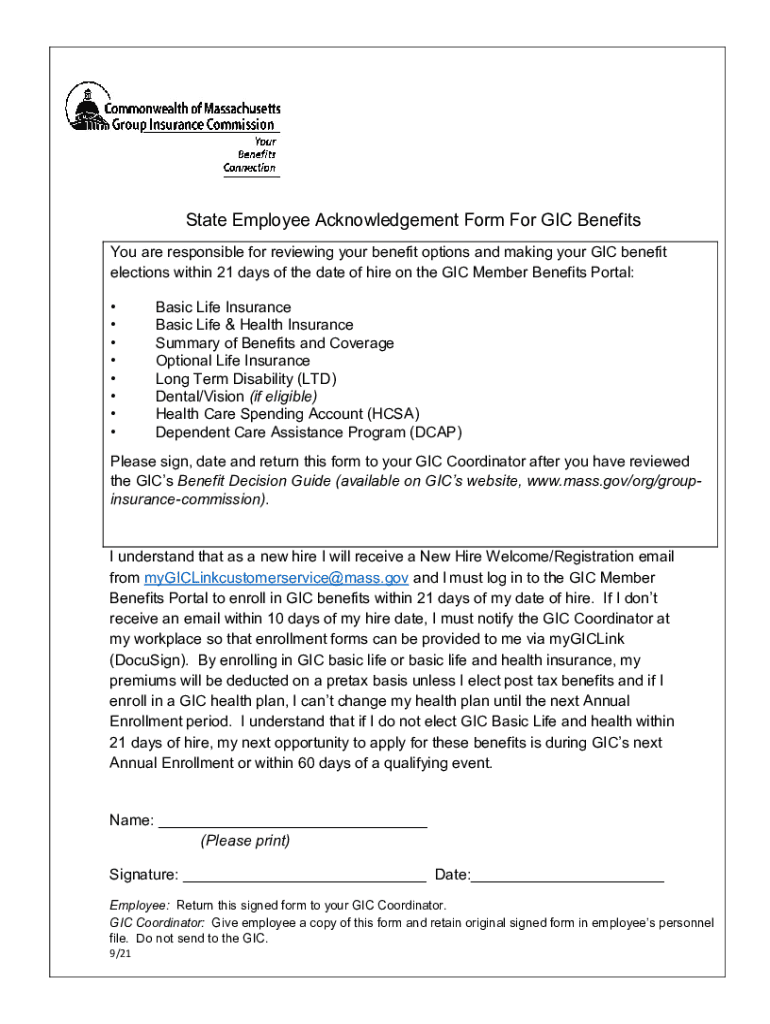 Fillable Online State Employee Acknowledgement Form For GIC Benefits ...