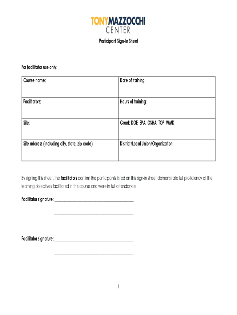 Fillable Online Participant Sign-In Sheet For facilitator use only Fax ...