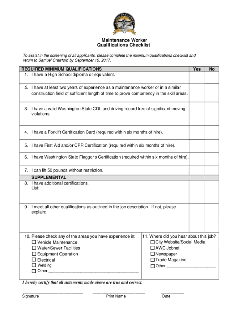 Fillable Online Maintenance Worker Qualifications Checklist - Blaine ...