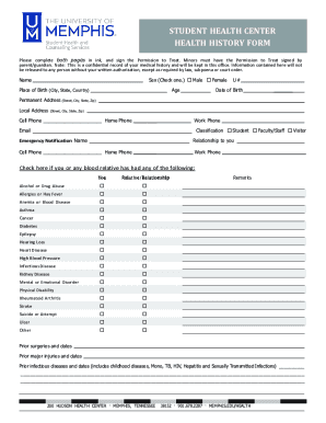 Fillable Online STUDENT HEALTH CENTER HEALTH HISTORY FORM Fax Email ...