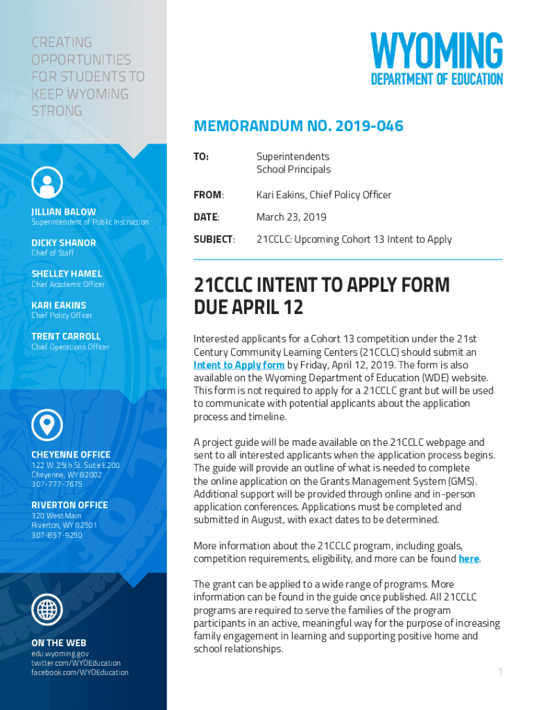 Fillable Online edu wyoming 21CCLC INTENT TO APPLY FORM DUE APRIL 12 ...