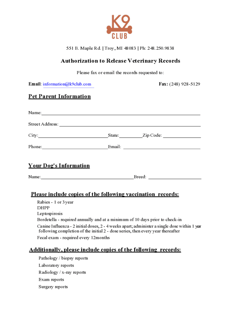 Fillable Online Authorization to Release Veterinary Records Pet Parent ...