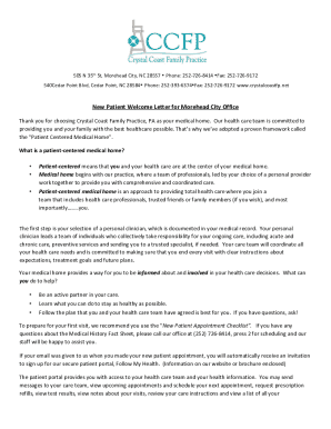 Fillable Online New Patient Welcome Letter for Morehead City Office Fax ...