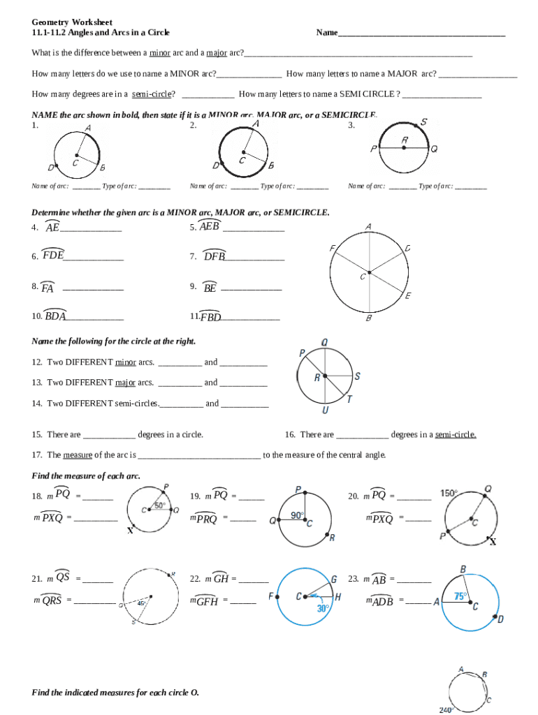 Geometry Worksheet 11.1-11.2 Angles and Arcs in a Circle ... Doc ...