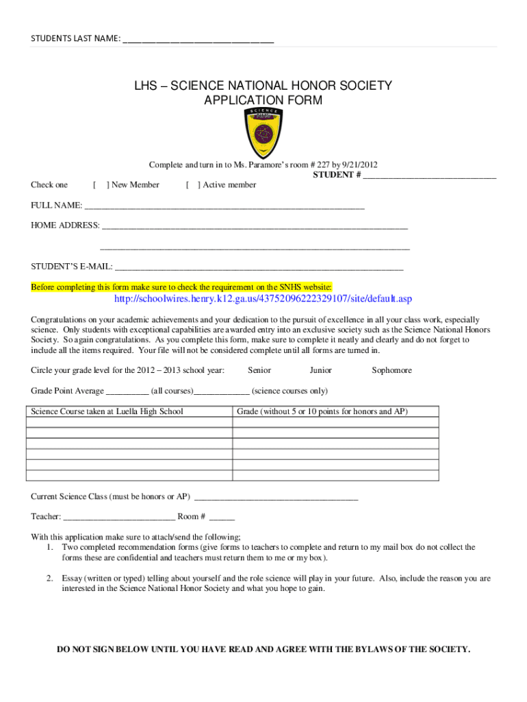 Fillable Online schoolwires henry k12 ga SCIENCE NATIONAL HONOR SOCIETY APPLICATION FORM Fax ...