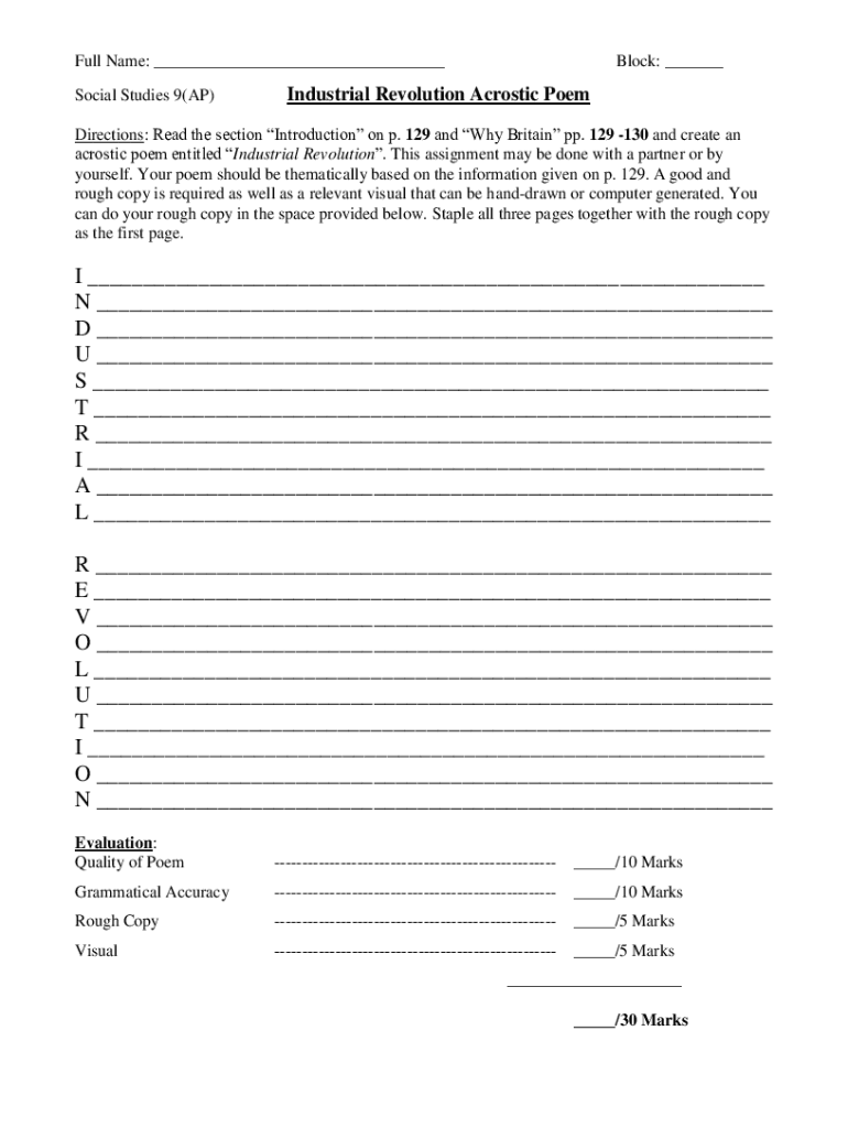 Fillable Online Industrial Revolution Acrostic Poem Fax Email Print ...