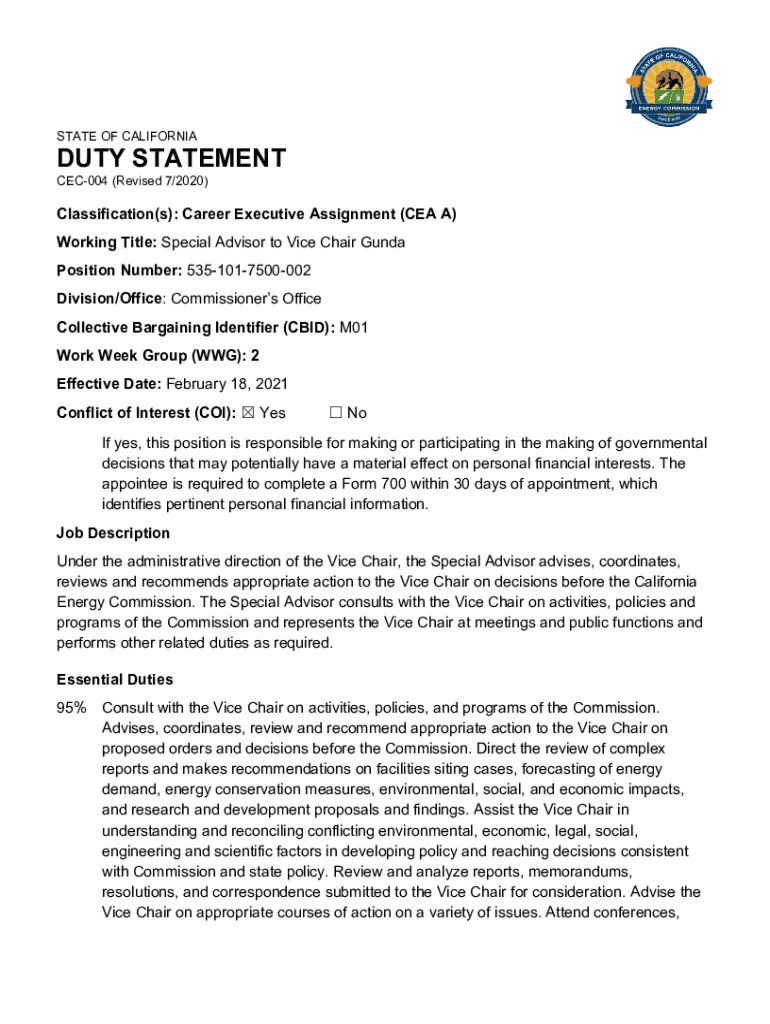 Fillable Online Classification(s): Career Executive Assignment (CEA A ...