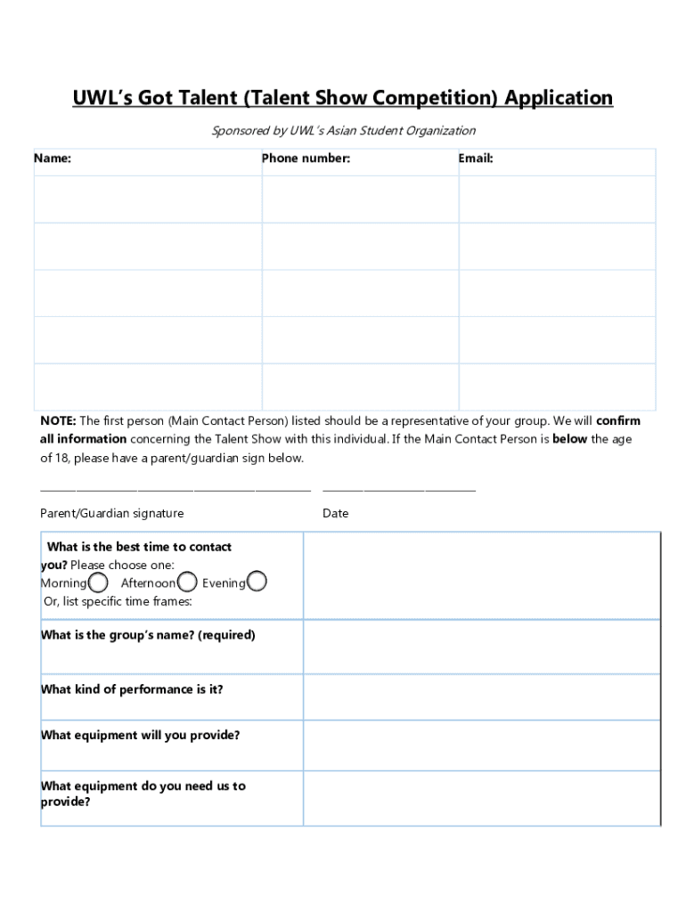 Fillable Online UWL's Got Talent (Talent Show Competition) Application Fax Email Print - pdfFiller