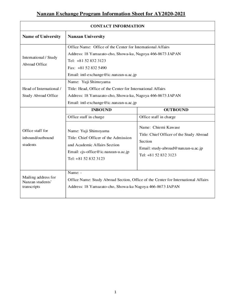 Fillable Online Nanzan Exchange Program Information Sheet for AY2020 ...