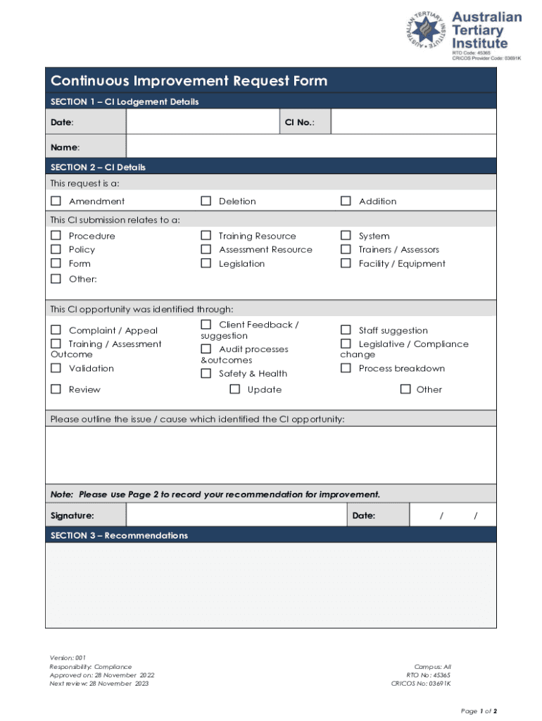 Fillable Online Continuous Improvement Request Form Fax Email Print ...