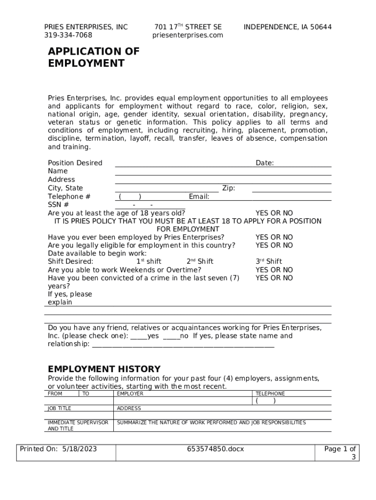 APPLICATION OF EMPLOYMENT Doc Template | pdfFiller