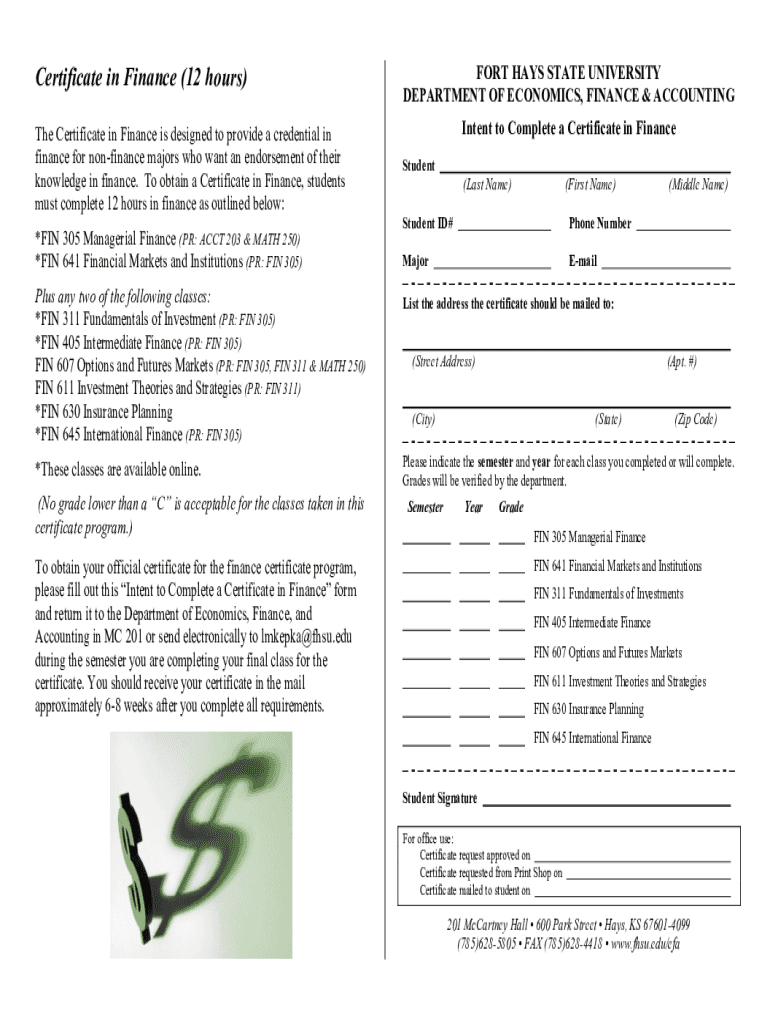 Fillable Online FINANCE Certificate info-intent form Fax Email Print - pdfFiller