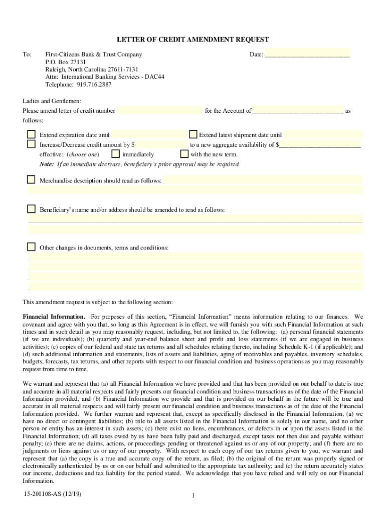 Fillable Online Letter of Credit Amendment Request. Letter of Credit ...