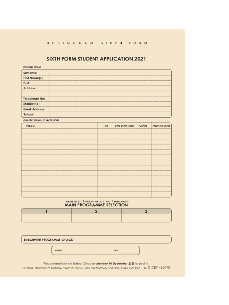 Fillable Online Hedingham Sixth Form Application Form Fax Email Print ...